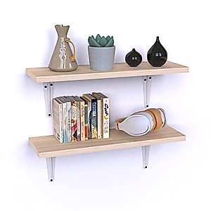 JAWU Set of 2 Pine Wood Floating Shelves - Decorative Hanging Farmhouse Rustic Shelves for Wall, Home, Kitchen, Bathroom, Bedroom - Wooden Shelf with L-Brackets, Screws, Plastic Plugs - 17x5.5x0.6