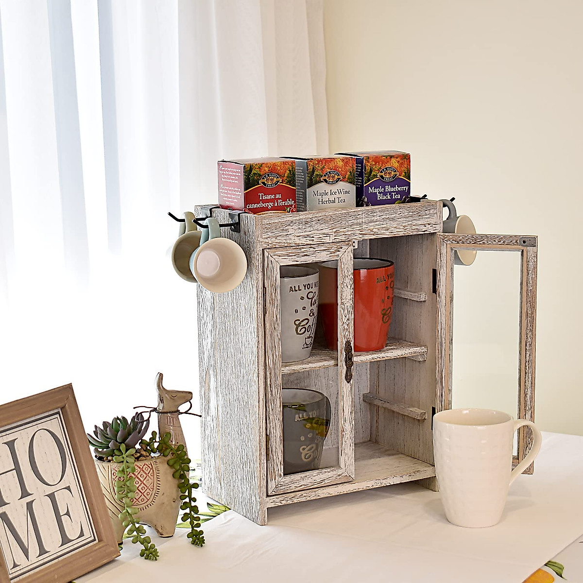 Ikee Design Small Wooden Countertop Storage Cabinet with Adjustable Shelves and Removable Hooks, Perfect for Perfume, Pantry, Essential Oil, 10.4W x 6.1D x 14.4H in, Antique White