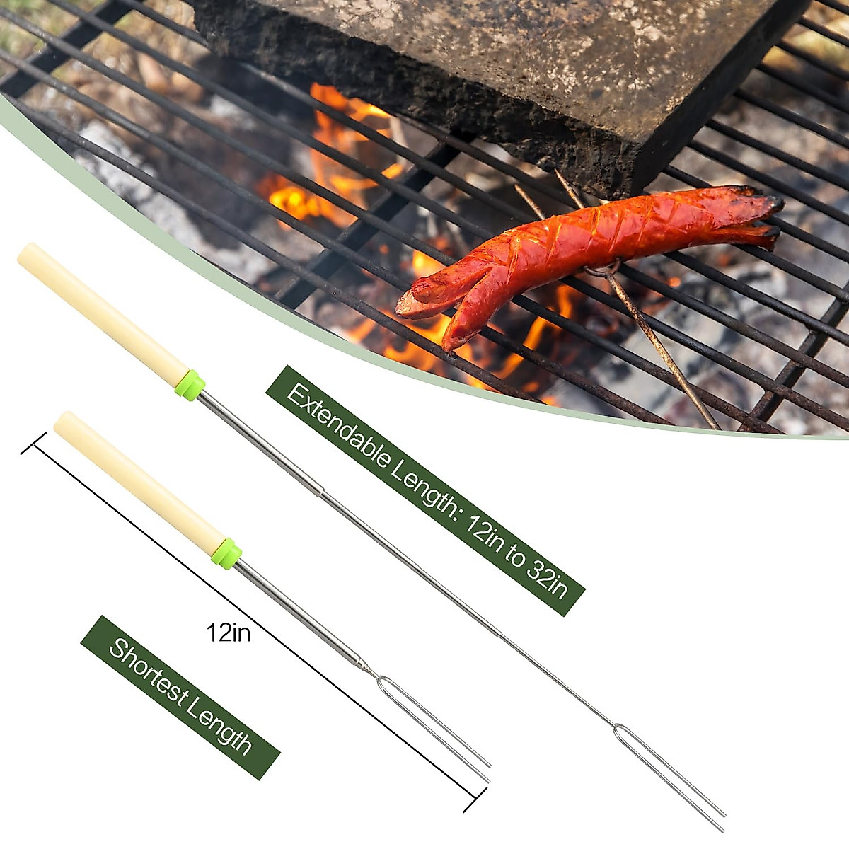 5/8/12/24 Pack Marshmallow Roasting Sticks Set, Extendable 32in Long Metal Barbecue Skewers with Wooden Handle, for Marshmallow, Hot Dogs, Camping, BBQ, Grill(5 Pack)