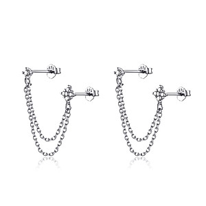 Lansora Double Piercing Earrings Silver Gold Cz Cubic Zirconia Stone Chain Link Dangle Stud Earrings