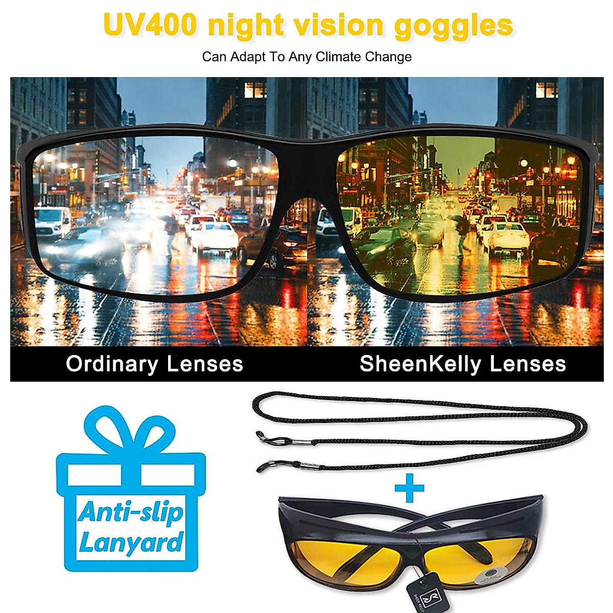 SHEEN KELLY Polarized Night Vision Glasses Driving Men Women Fit Over Prescription Eyewear Wrap Arounds Sunglasses Yellow Lens UV400
