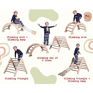 WoodandHearts Montessori Climbing Set - Foldable Triangle Climber with Slide, Ramp, Arch - Wooden Toddler Climbing Toys Indoor Playground Jungle Gym for Kids Age 2-8