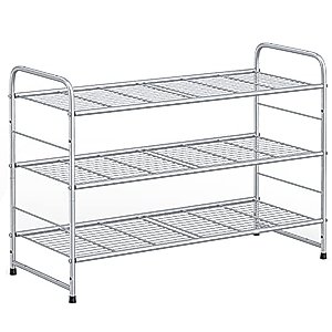 AULEDIO Shoe Rack, Stackable and Adjustable Multi-Function Wire Grid Shoe Organizer Storage, Extra Large Capacity, Space Saving, Fits Boots, High Heels, Slippers and More (3-Tier, Silver)