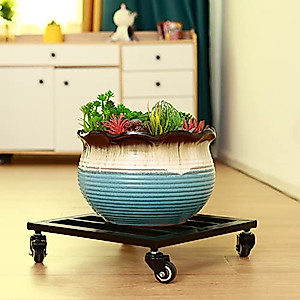 Large Metal Square Plant Caddy with Wheels 13.6” Iron Wrought Rolling Plant Stand with Casters Heavy-Duty Plant Dolly for Indoor and Outdoor Plant Pot Roller Base Square Plant Movers, Glossy Black