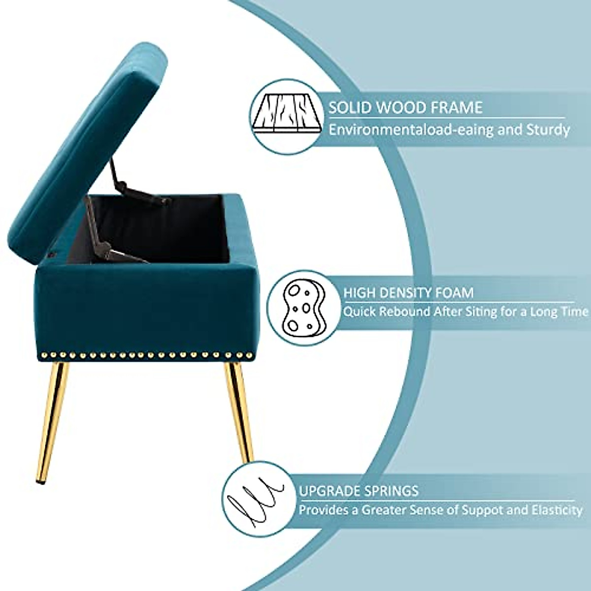 MOJAY Modern Velvet Storage Ottoman Bench, Upholstered Footrest with Rivet Decoration Table Dining Stool with Golden Legs for Entryway Dining Room Living Room Bedroom (Dark Green)