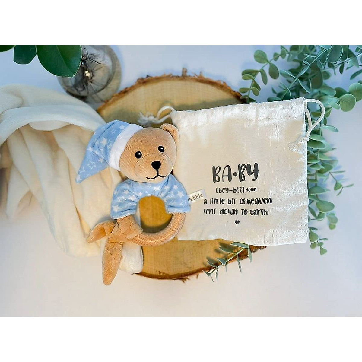 Baby Wooden Rattle Teething Ring, Baby Rattles 0-6 Months, Baby Montessori Newborn Toys, Stuffed Animal Gift for Baby Boy, Baby Teddy Bear (Blue)