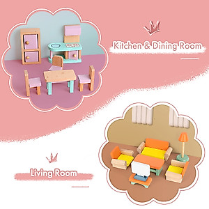 Abellzos Wooden Dollhouse Furniture Set, 24 PCS Miniature Doll House Accessories with Dining Room, Living Room, Bedroom, and Bathroom, Birthday Gift Toys for Toddlers Girls Boys Age 3+