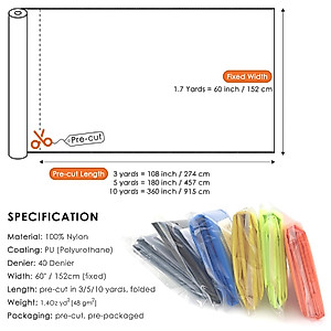 emma kites Black Ripstop Nylon Fabric 40 Denier, Pre-Cut Piece 3-Yard: 60"x108", Water Repellent Windproof Dustproof Airtight PU Coating