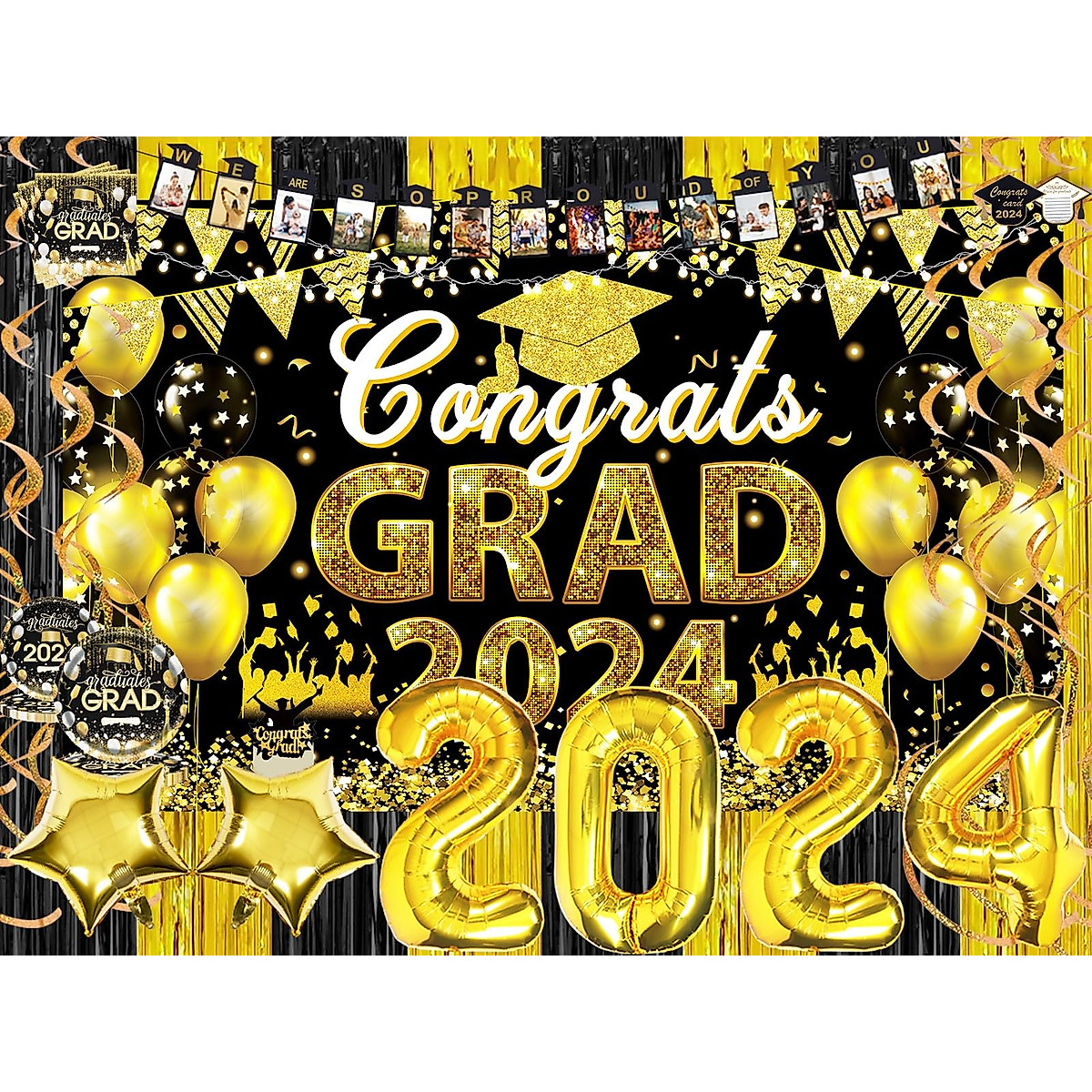 231PCS Graduation Decorations Class Of 2024, 2024 Graduation Party Decorations for High School College With Backdrop balloons Paper Plate Cup Napkin Cutlery Tablecloth Balloon Garland (Black and Gold)