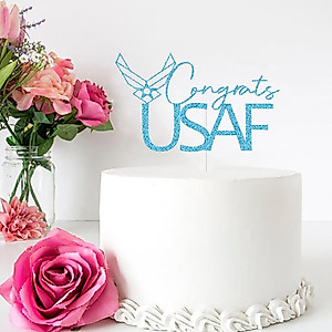 MFULHUBA Congrats USAF Cake Topper, Air Force/Army/Military Theme Retirement/Graduation Party Decoration, Airmen/Soldier Veteran's Day Cake Decors, Blue Glitter