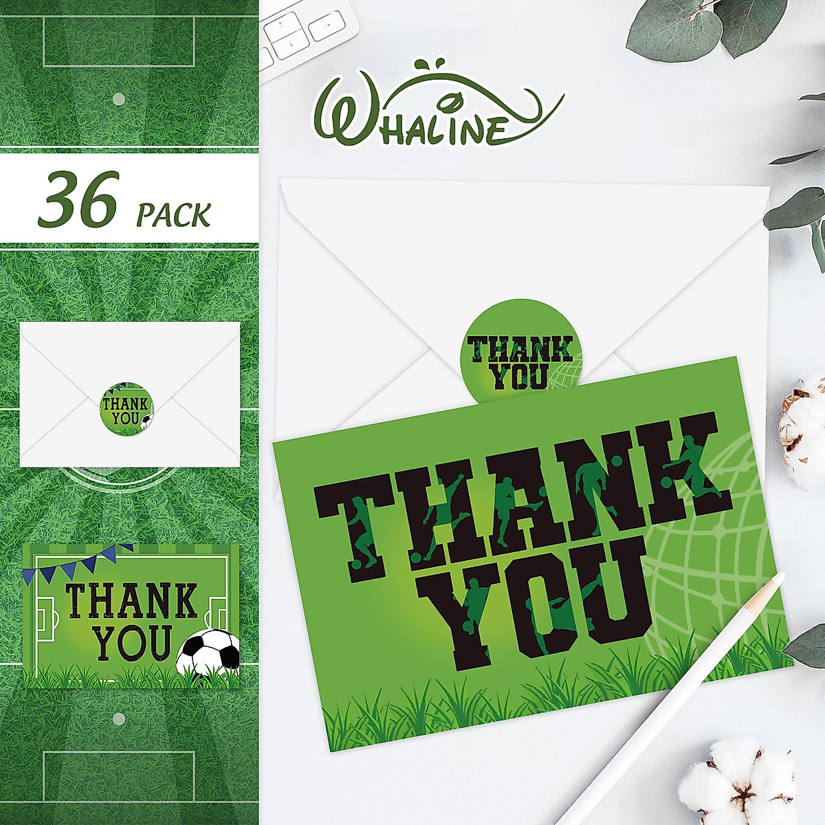 Whaline 36 Pack Football Thank You Cards with Envelopes Stickers 6 Design Green Soccer Blank Note Cards for Season Games Birthday Supplies, 4 x 6 Inch