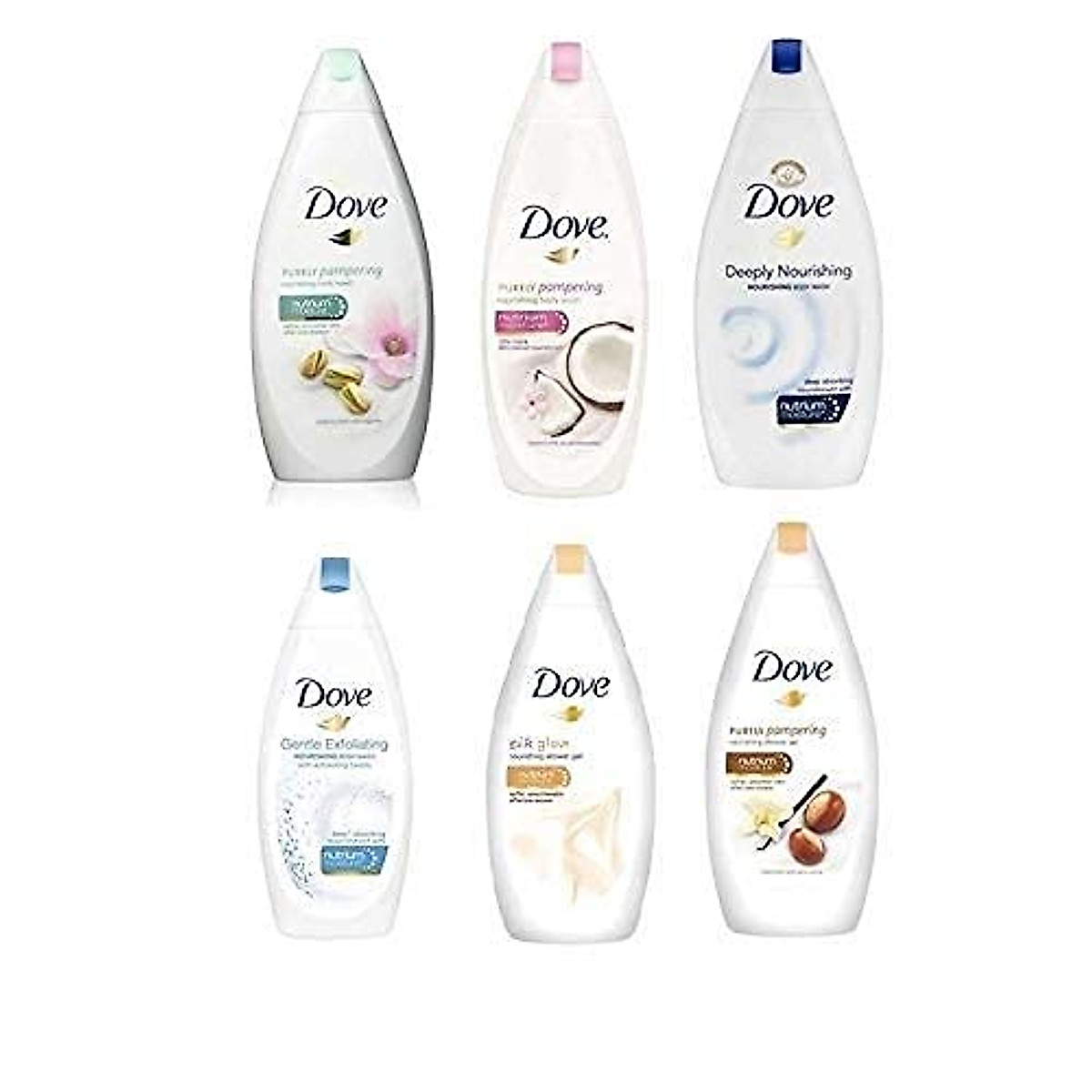 Dove Body Wash Variety - Shea Butter, Deep Moisture, Pistachio Cream, Coconut Milk, Gentle Exfoliating and Silk Glow, 16.9oz Each International Version ,16.9Oz, 6 Count (Pack of 1)