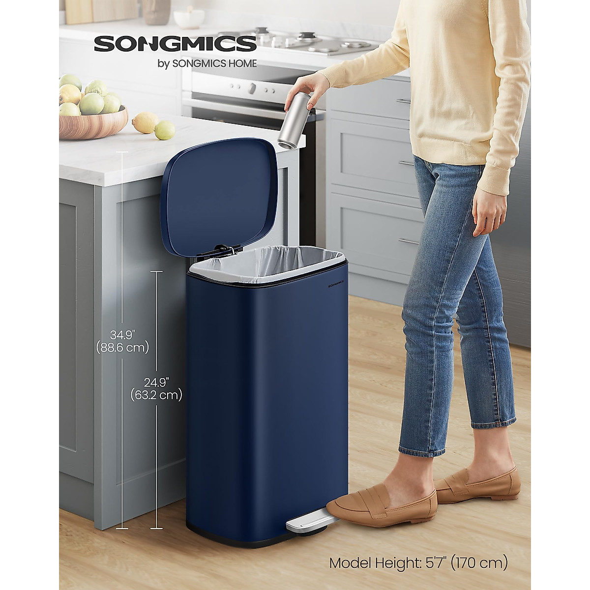 SONGMICS 13 Gallon (50 L) Trash Can, Stainless Steel Kitchen Garbage Can, Recycling or Waste Bin, Soft Close, Step-On Pedal, Removable Inner Bucket, Midnight Blue ULTB050L01