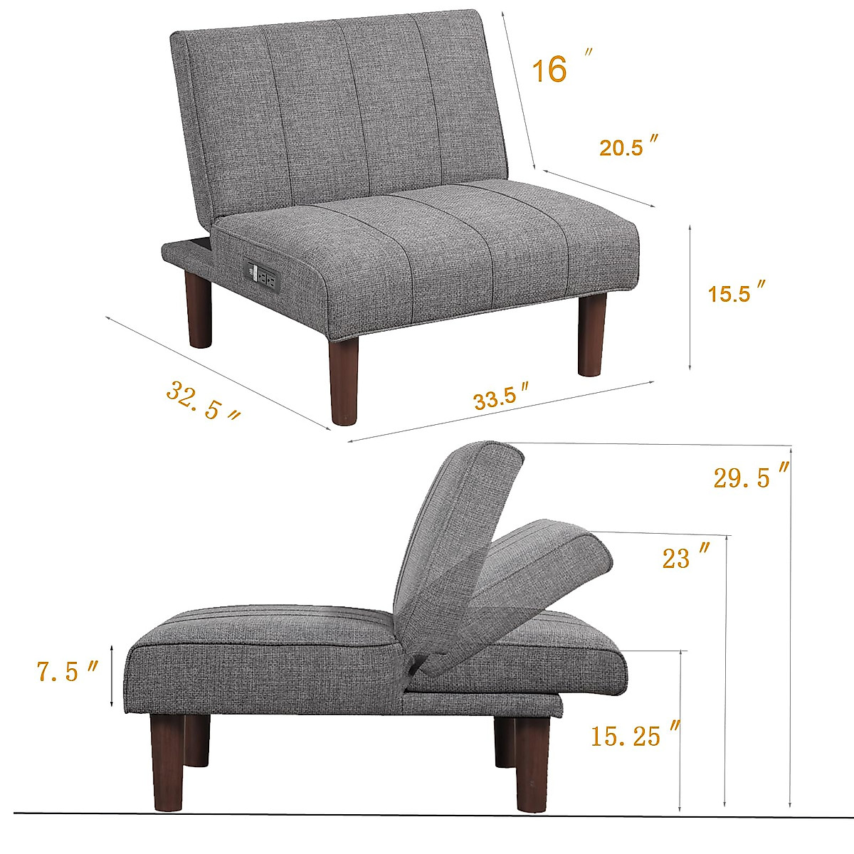 JUBILOOM Mini Sofa Couch, Recliner Small Futon (USB Port), Armless Comfy Living Room Futon Couch with Adjustable Backrest for Living Room, Small Space, Office, Reception, Dark Grey,305DR1USB