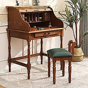 SoOSSN Rustic Vanity Stool with Back,Leather Upholstered Plan Bench Seat Dressing Stool,Wooden Carved Accent Chair Makeup Stool for Bedroom Living Room (Color : F, Size : 16x12x23inch)