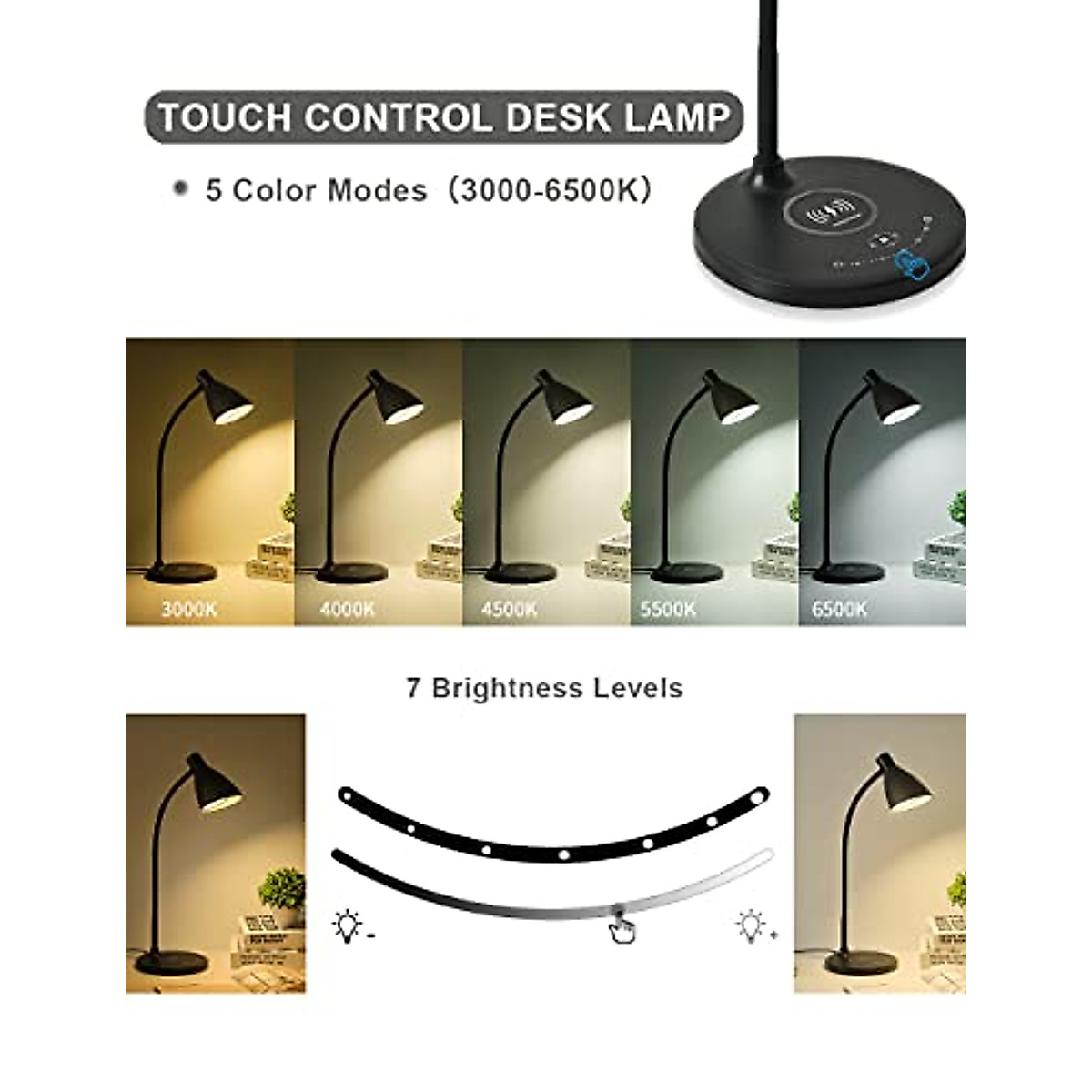 LiFMIRA Desk Lamp with USB Charging Port, 15W Fast Wireless Charger, 5 Lighting Modes,7 Brightness Levels, Eye Care Touch Bedside Table Lamps Gooseneck Desk Lamps for Home Office with 24W Adapter