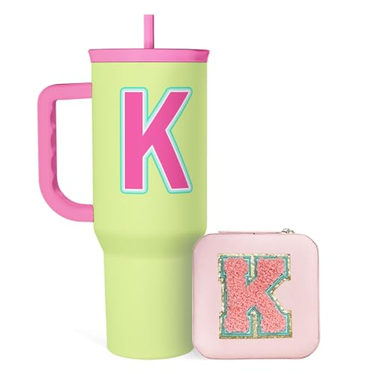 SANDJEST Stainless Steel Slider Tumbler With Handle 40oz & Jewelry Case with Initial K