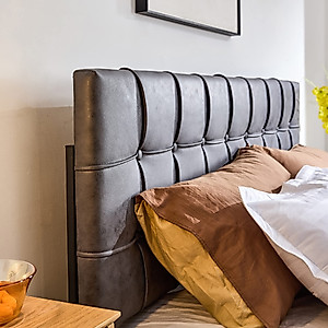 GINGVAT Queen Size Upholstered Platform Bed Frame with Lights and Height Adjustable Headboard, Fashion Square Stitched Button Tech Cloth, Modern Bedroom Furniture, Grey