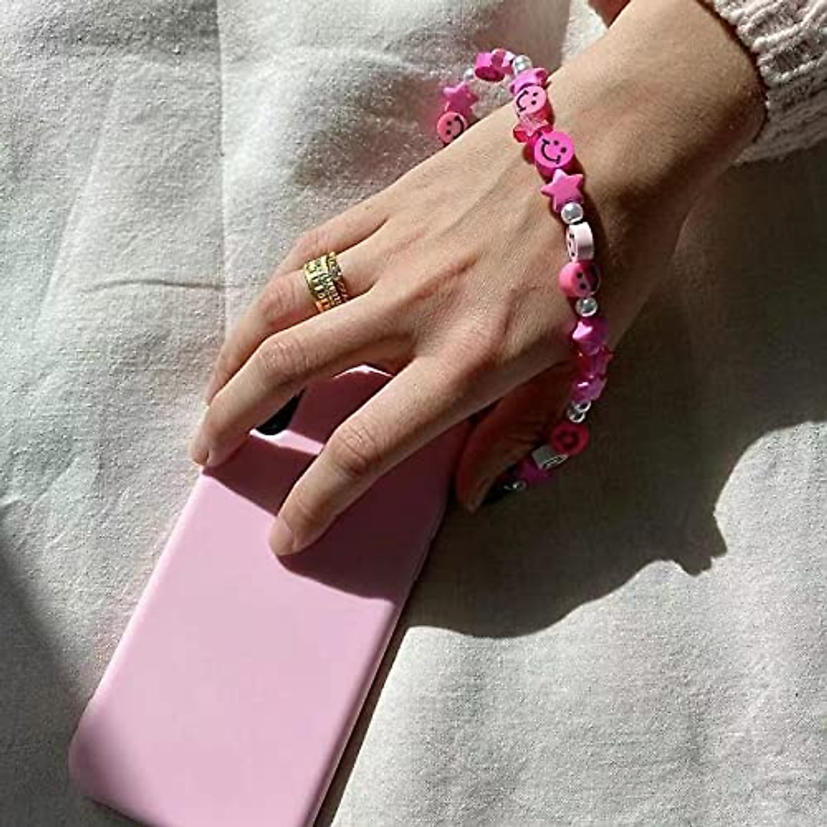 KURTCB Smile Face Beaded Phone Lanyard Wrist Strap Handmade Rainbow Clay Beads Pearl Car Key Camera Decoration Bracelet Keychain for Women Girls (Pink)