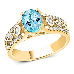 Gem Stone King 1.75 Ct Oval Blue Apatite 18K Yellow Gold Plated Silver Ring (Size 9)