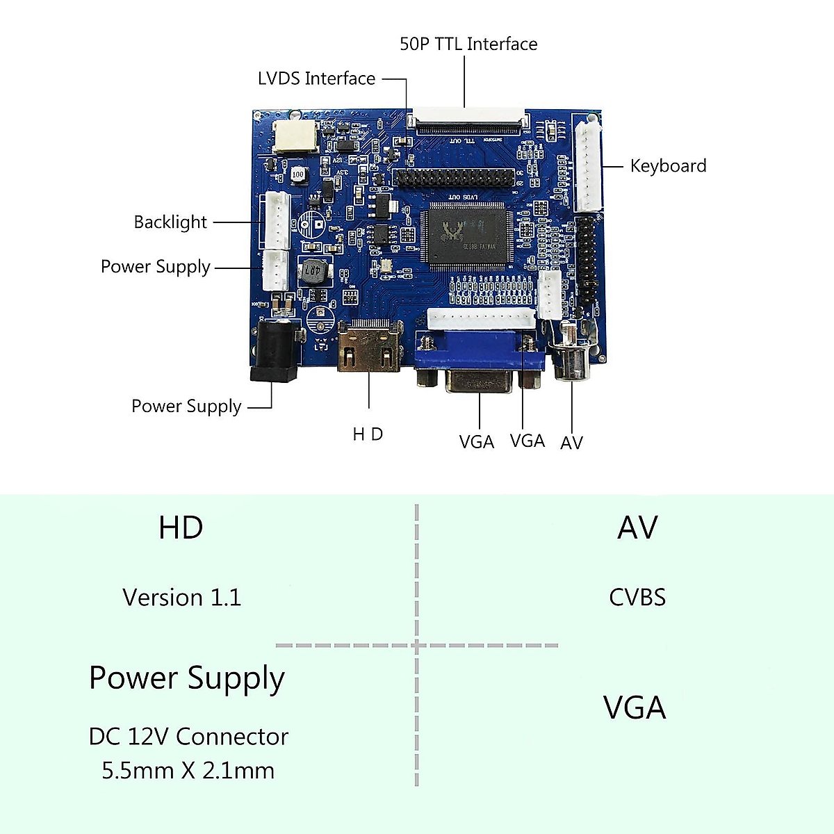 HDMI VGA 2AV LCD Controller Board for 6.5" AT065TN14 7" AT070TN92 AT070TN94 8" AT080TN64 9" AT090TN12 800x480 50Pins LCD Screen