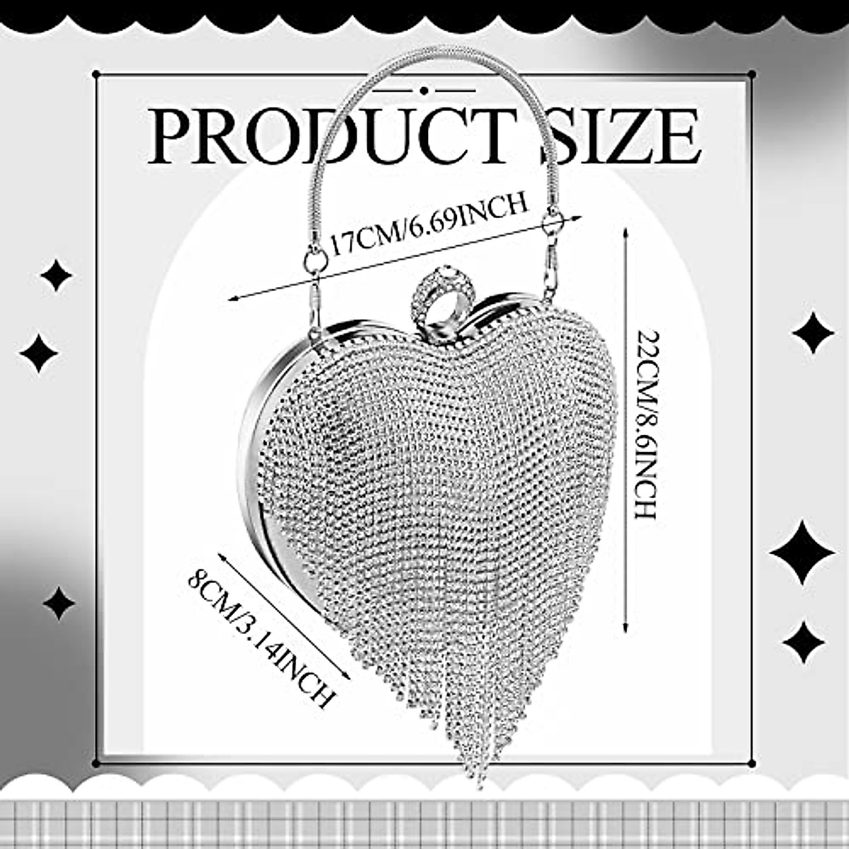 Amylove Heart Shape Tassel Evening Clutch Bag Silver Masquerade Tassel Mask Chain for Women Rhinestone Purse Face Jewelry for Wedding Party Cosplay