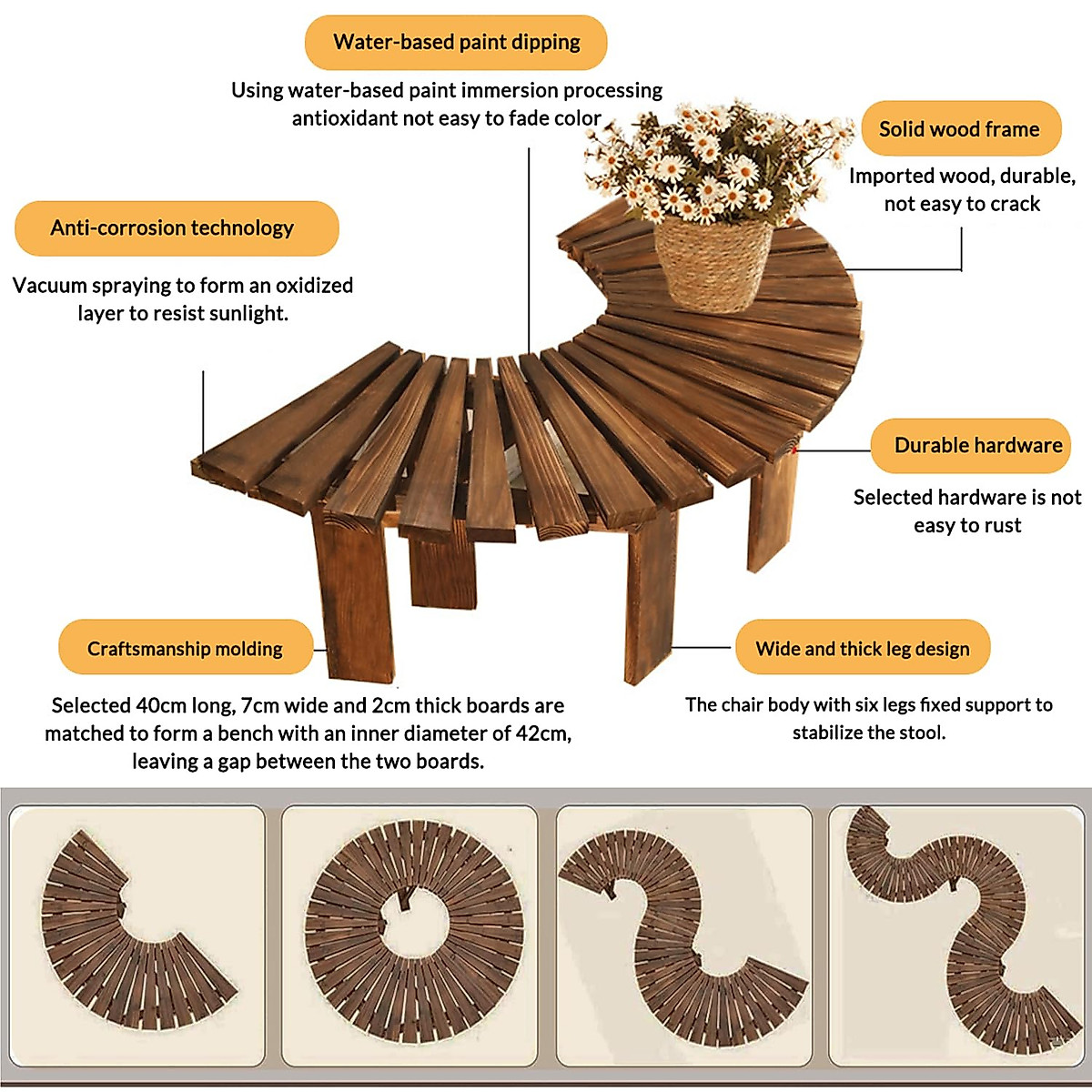 Tree Bench Wrap Around, Outdoor Surround Backless Curved Bench, Wooden Semi Circle Benches for Garden, Balcony, Poolside, Front Porch, Courtyard, Park (2pcs)