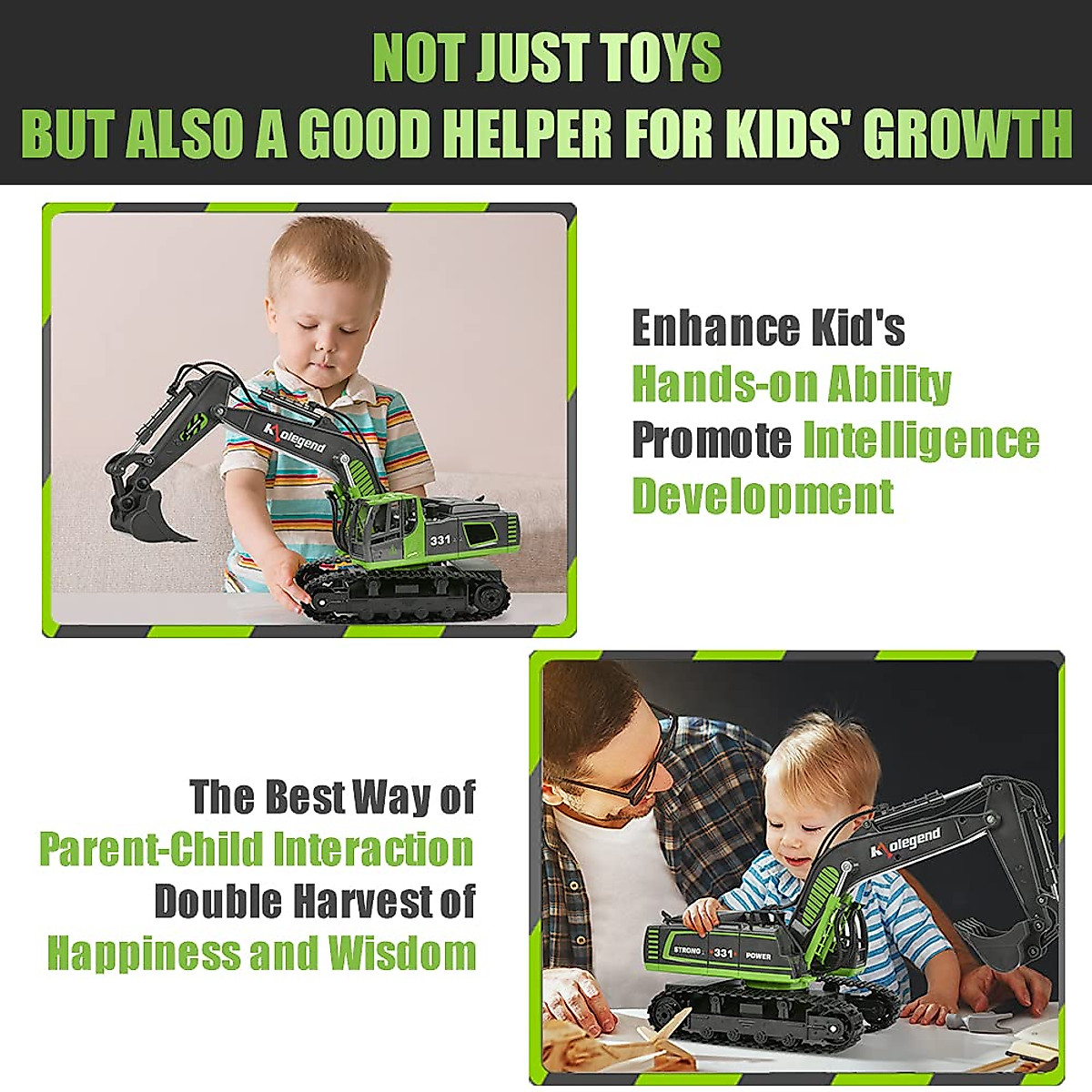 kolegend 11 Channel Remote Control Excavator Toy Truck, 1/18 Scale RC Toys Excavator Construction Vehicles for Boys Girls Kids RC Tractor with Lights Rechargeable Battery