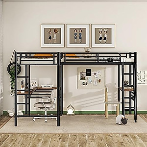 L-Shape Loft Beds with Two Desk Metal Double Twin Loft Beds Frame Heavy-Duty Black Corner Twin Size Lofts Bed for 2 Kids Girls Boys Teens