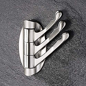 KES Solid Metal Swivel Hook Heavy Duty Folding Swing Arm Triple Coat Hook with Multi Three Foldable Arms Towel/Clothes Hanger for Bathroom Kitchen Garage Wall Mounted Brushed Nickel, A5060-2