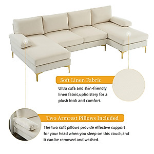 VERYKE Sectional Sofa Couch for Living Room, U Shaped Modern Sectional Sofa with Double Chaise,Minimalist Sectional Couch with Metal Leg for Home Office,Apartment (Linen Cream White)