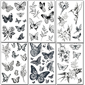Tazimi 6 sheets large Black Butterfly Temporary Tattoos for Women-flowers butterflies Hummingbird swallow Rose Temporary Tattoos Waterproof Long Lasting Tattoos Stickers Sexy Fake Tattoo for Adults