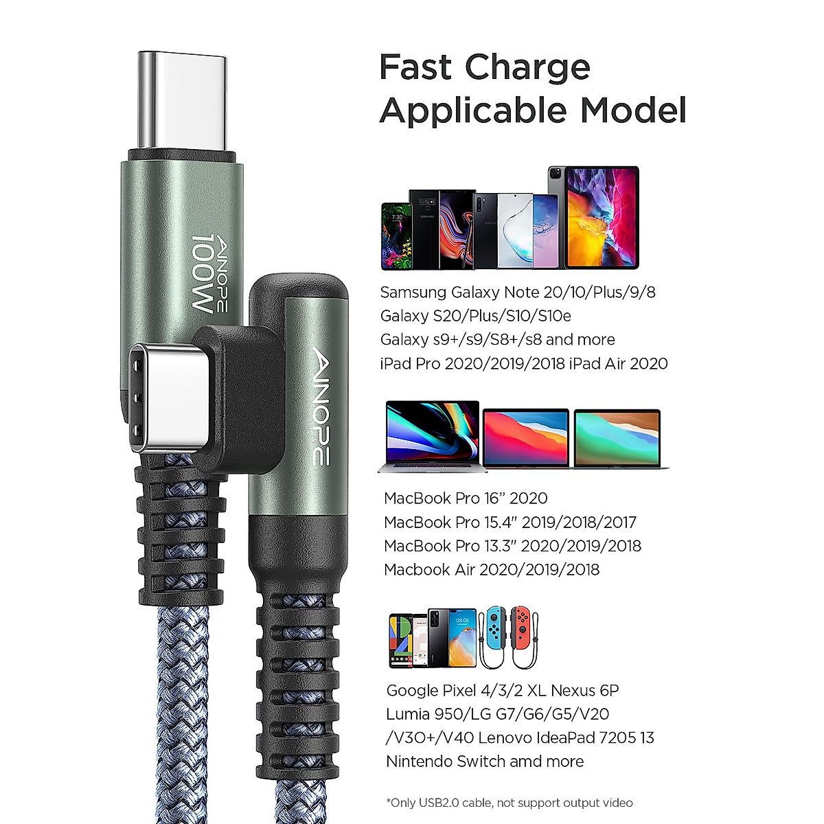 AINOPE USB C to USB C Cable 100W Durable iPhone 16 Charger Cord Right Angle, USBC to USBC Cable Cord Fast Charging Fit iPhone 16 Pro Max Plus MacBook/iPad Pro/Samsung-2 Pack 6.6FT Black