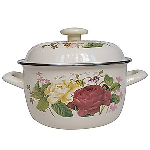 Enamel Pot 12x7 Inch Non- Stick Enamel Stock Pot with Lid and Handles Retro Flower Soup Pot Thicken Enamel Cookware for Home Kitchen Restaurant Pasta Milk Soup L Enamel Stock Pot Soup Pot Pasta Pan