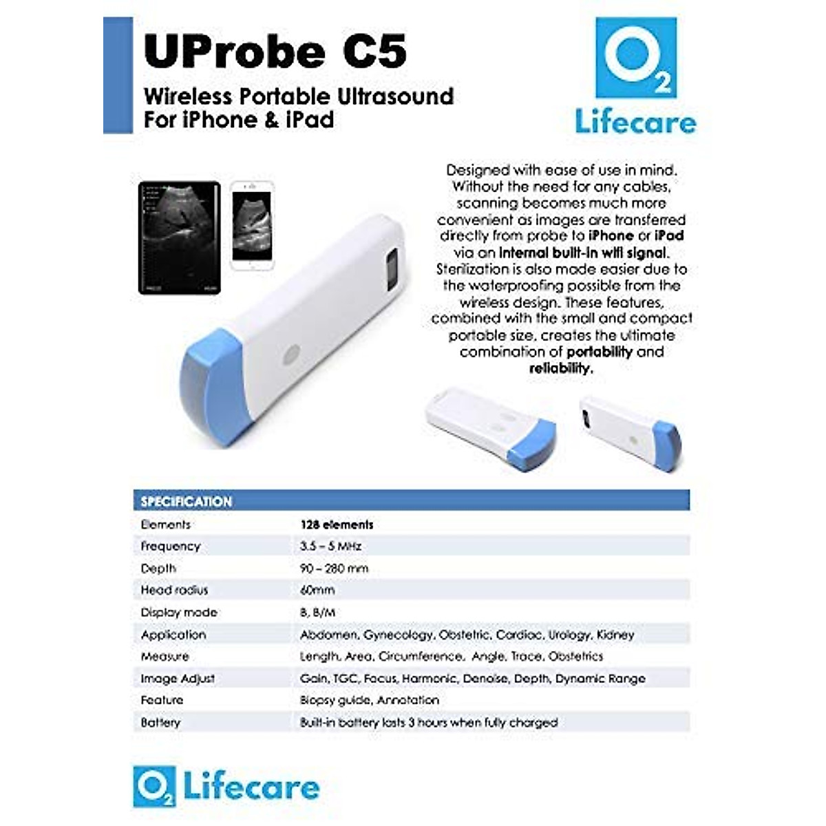 SonoQue o2 Lifecare Wireless Veterinary Ultrasound Scanner Probe (3.5-5MHz : 128 Elements) - Convex Transducer for iPad, iPhone Smartphones