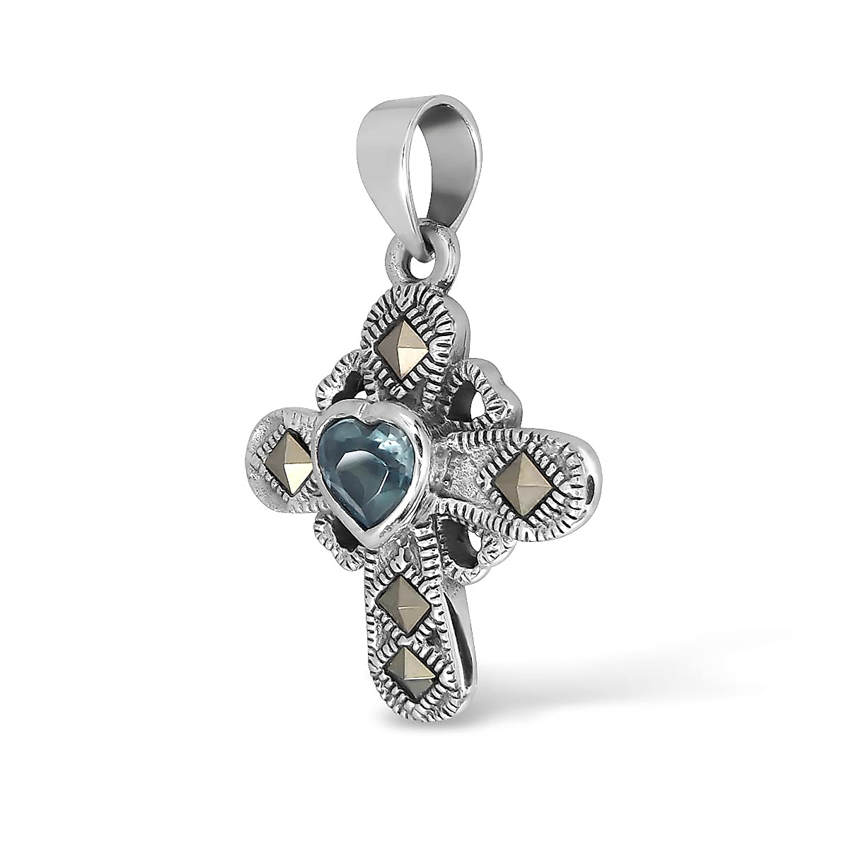 WithLoveSilver Sterling Silver 925 Celtic Cross with 5mm Heart CZ and Square Marcasites Pendant (Aqua Glass)