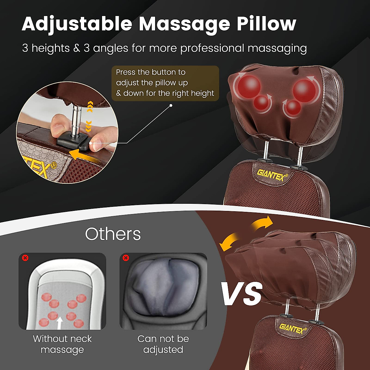 Giantex Back Massager Chair Pad - Chair Massager with Adjustable Neck Pillow, 3 Speeds & 3-Level Timer, Rolling Shiatsu Massager Seat Cushion for Shoulder, Neck, Back, Home Office Massage Seat, Brown
