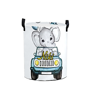 BigBigift Little Elephant with Car Laundry Basket Personalized with Name Laundry Hamper with Handle Organizer Storage Bin Bedroom Decor for Boys Girls Adults
