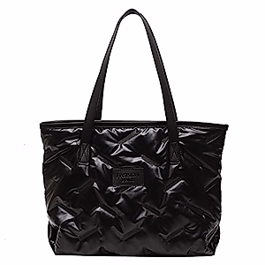 AZURAOKEY Puffer Tote Bag for Women, Quilted Cotton Padded Handbag, Women Shoulder Bags Soft Large Capacity Top-handle Bags Warm Zipper Simple Portable Lightweight for Girls Shopping-Black