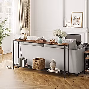 ALLOSWELL 63” Sofa Table with Power Outlets, 2-Tier Console Table with Charging Station, Couch Table, Narrow Long Behind Sofa Table, for Living Room, Entryway, Foyer, Rustic Brown and Black CTHR22E01