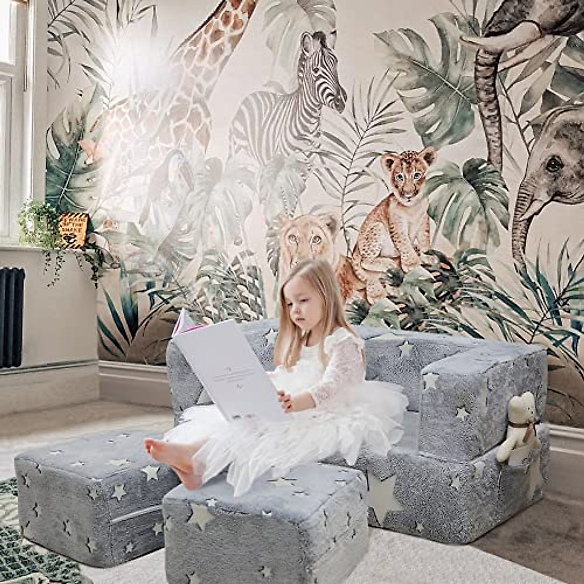 MeMoreCool Kids Couch Toddler Sofa, Star GlowSofa 3 in 1 Fold Out Kids Sofa, Modular Toddler Couch for Boys, Children Convertible Plush Sofa Play Set and Sofa Bed