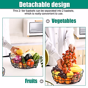 TomCare 2-Tier Fruit Basket Metal Fruit Bowl Bread Baskets Detachable Fruit Holder Produce Basket Large Fruit Stand Organizer Kitchen Storage Baskets for Fruits Breads Vegetables Snacks, Black