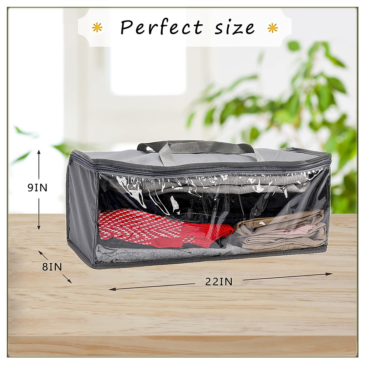 Foldable Storage Bag,24L Large Foldable Clothes Organizer Clear Window&Carry Handles,Sturdy Zippers,Great for Clothes,Blankets,Closets,Bedrooms and More (22 x 9x 3, Grey)