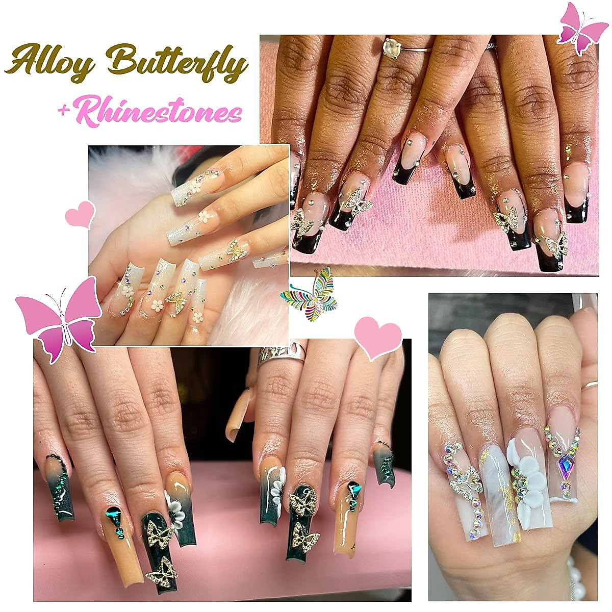 Butterfly Nail Charms, 60pcs 3D Golden Silver Butterfly Charms for Acrylic Nails, 20 Butterflies Nail Rhinestones Gems Charms +40 Alloy Studs, Nail Art Crystals Diamonds Decor Supplies for Nails DIY