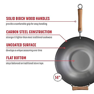 JOYCE CHEN Classic Series 14-Inch Carbon Steel Wok with Birch Handles