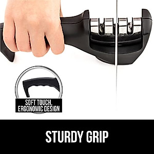 Gorilla Grip Easy to Use Knife Sharpener, 3 Sharpening Options to Help Polish, Sharpen and Repair Kitchen Knives, Restore Dull Blades, Slip Resistant Handle, Professional Chef Quality, Jet Black