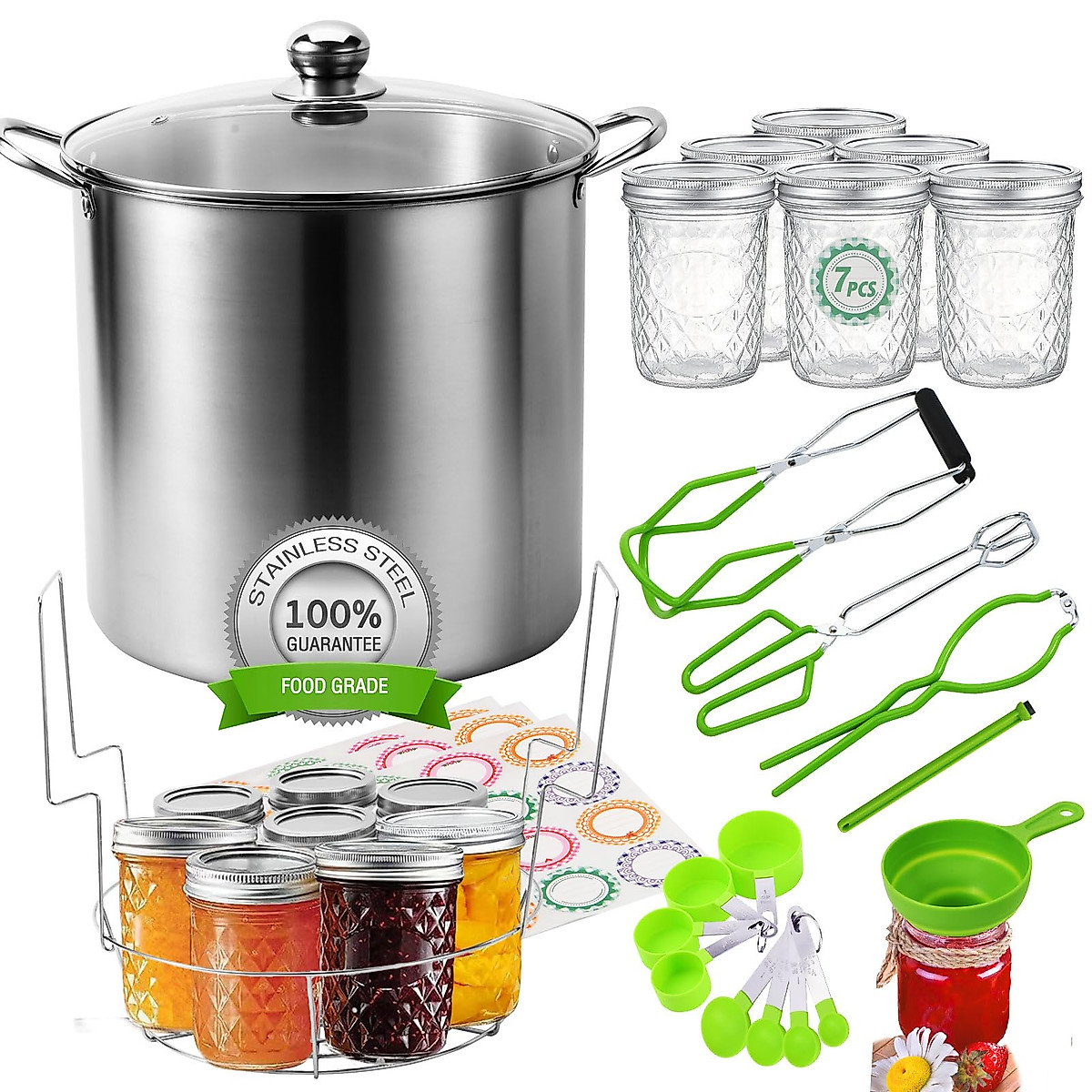 Canning Pot Water Bath Canner with Rack and Mason Jars, 20 Quart Stainless Steel Stock Pots, Canning Supplies Starter Kit Beginners Tools Set, Jar Lifter Tongs and Full Canning Kit Accessories