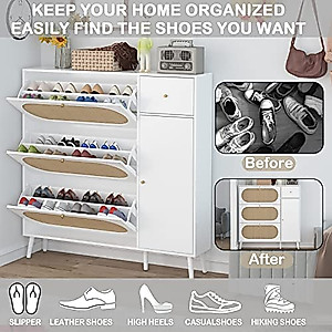 Mcltopz Rattan Shoe Cabinet with 3 Flip Drawers&1 Small Drawer&1 Door, Modern Free-Standing Shoe Rack Narrow Shoe Storage Cabinet Wooden Shoe Rack Storage Cabinet for Entryway Hallway Doorway (White)