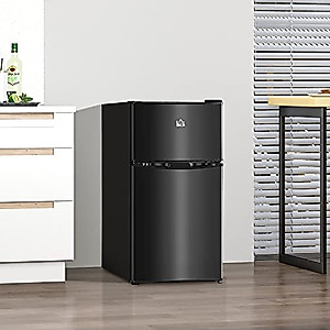 HOMCOM Double Door Mini Fridge with Freezer, 3.2 Cu.Ft Compact Refrigerator with Adjustable Shelf, Adjustable Thermostat and Reversible Door for Bedroom, Dorm, Home Office, Black