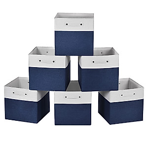 FinishingBo 13x13x13 Cube Storage Bins, Collapsible Fabric Storage Cubes Organizer , Foldable Large Storage Baskets for Nursery, Toys Organizing Closet, Shelf Cabinet（6Pack, White and Navy Blue